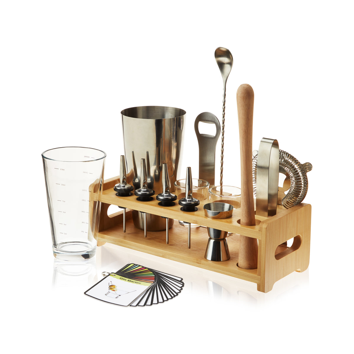 True 14-Piece Barware Set with Wood Stand for Mixing Cocktails and Drinks, Perfect Home Bar ...