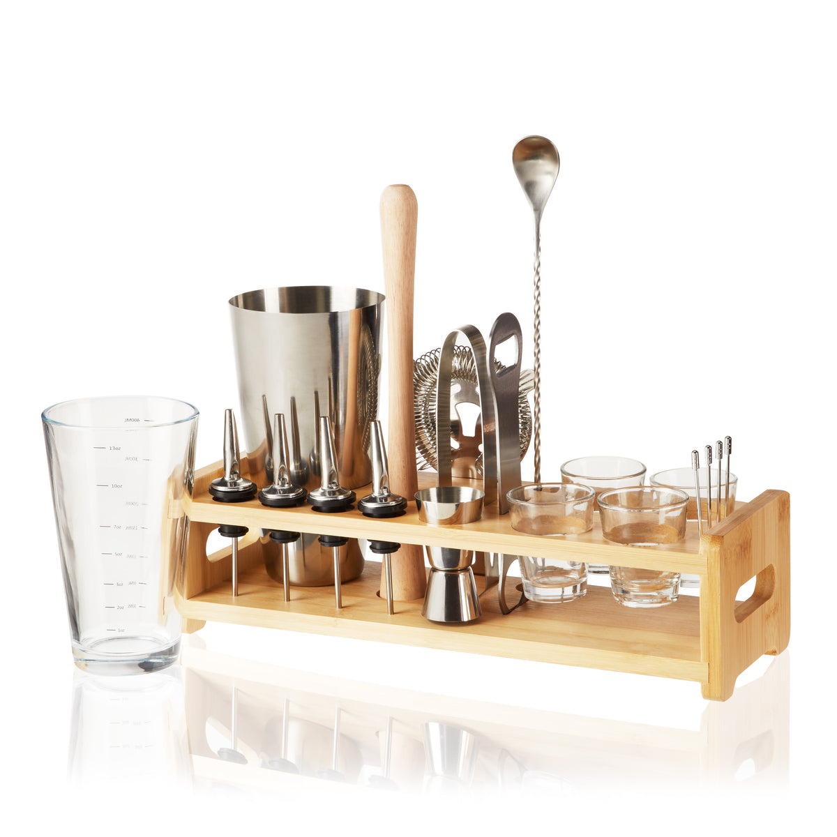 True 20-Piece Cocktail Shaker Bar Set with Wooden Stand Includes Boston ...