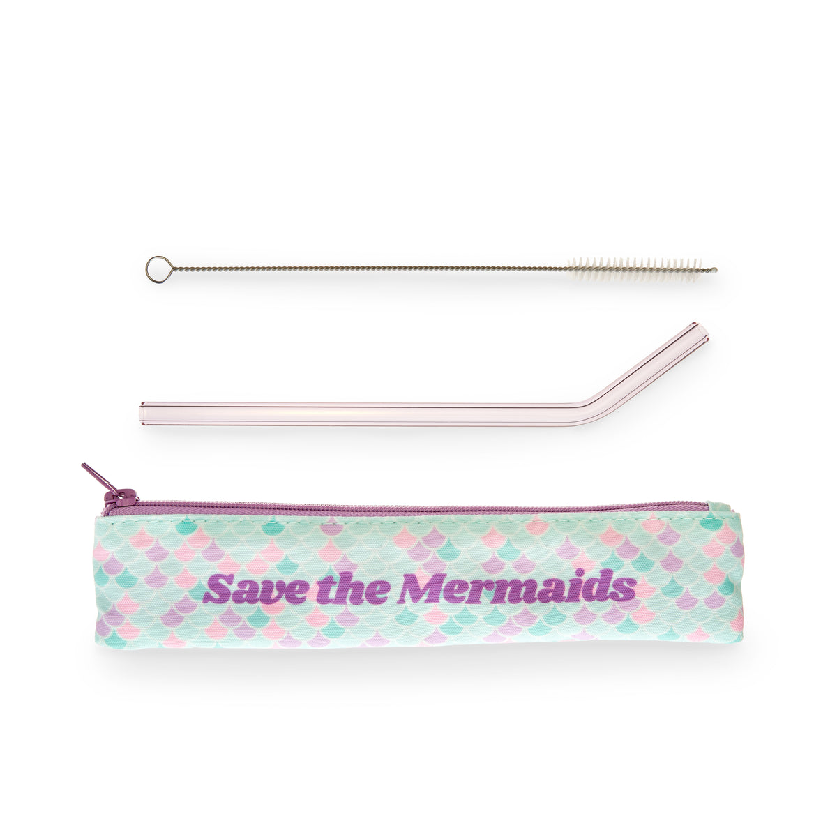 Blush Save The Mermaids Glass Straw with Cleaning Brush & Fabric Pouch ...